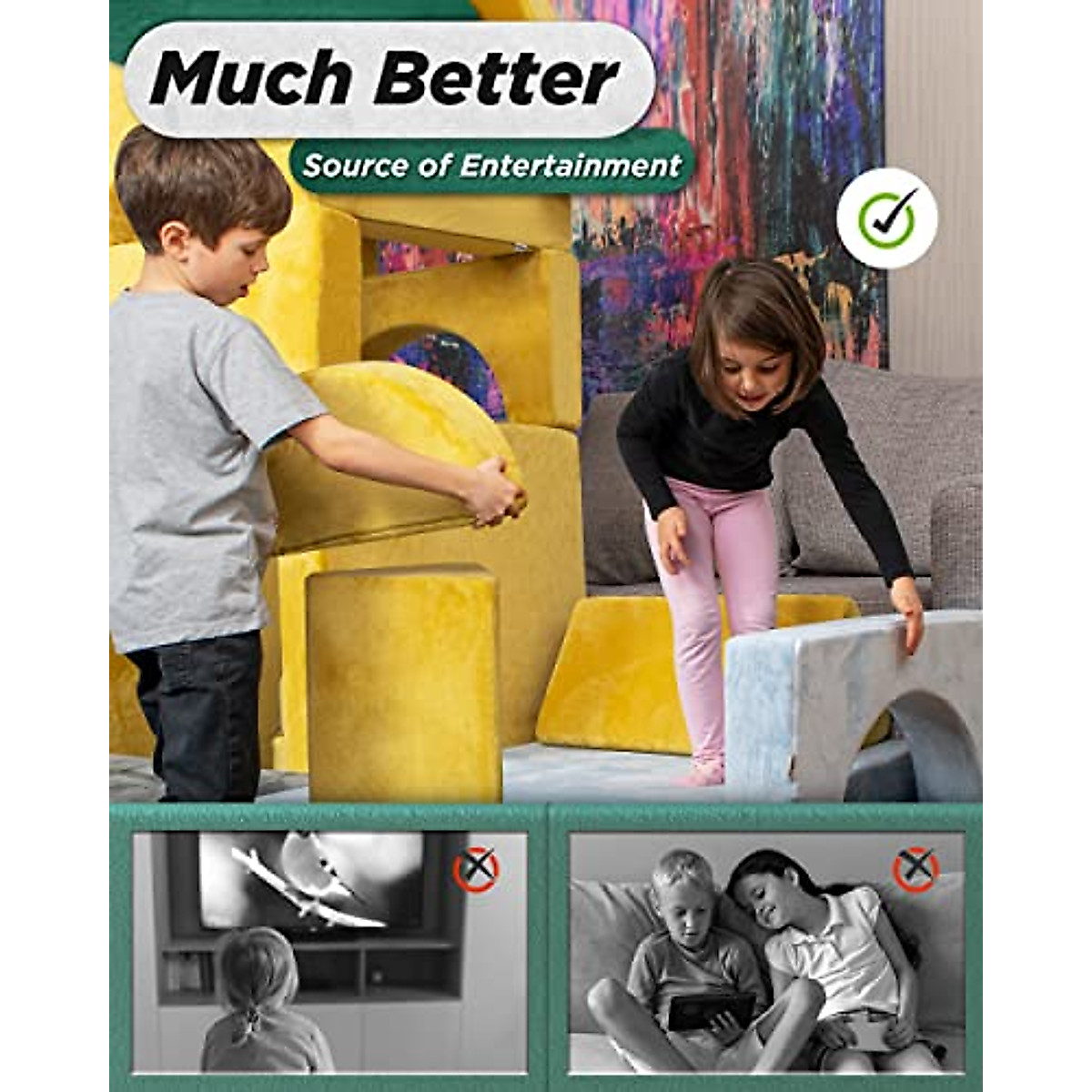 Lunix LX15 14pcs Modular Kids Play Couch, Child Sectional Sofa, Fortplay Bedroom and Playroom Furniture for Toddlers, Convertible Foam and Floor Cushion for Boys and Girls, Yellow