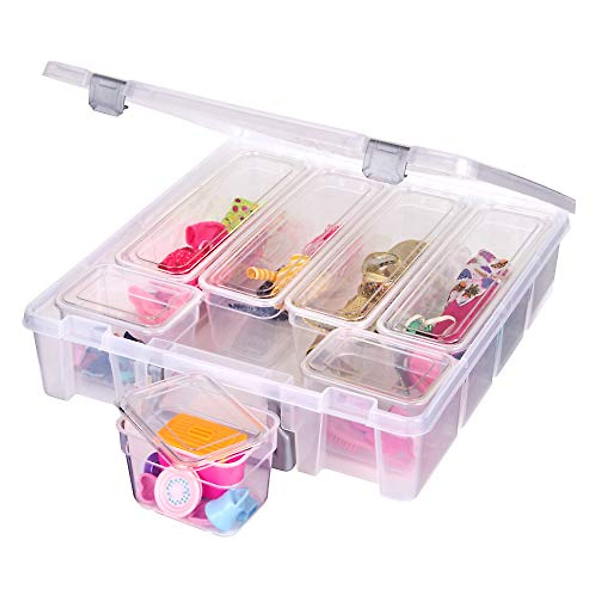 AB Designs 6967ABD Super Satchel with 9 Mixed Bins Inside Stackable Home Storage Organization Container, Clear with Sliver Latches and Handle, w/Long