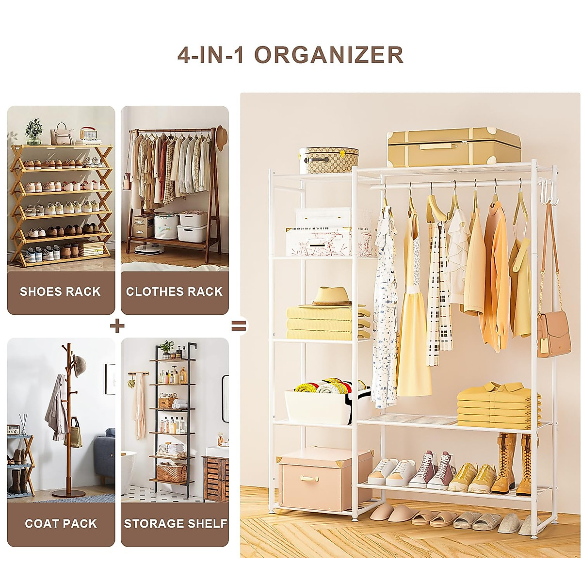 Neprock Clothing Racks for Hanging Clothes with Shelves, Portable Closet System Organizer Garment Rack for Clothes Storage, Metal Free Standing Wardrobe Clothes Organizer(White)