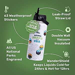 LET'S WANDER Original Lets Wander National Park Water Bottle with Waterproof Stickers - 32oz Leakproof Insulated Stainless Steel with Straw - Parks of the USA Bucket List Bottle [WHITE]