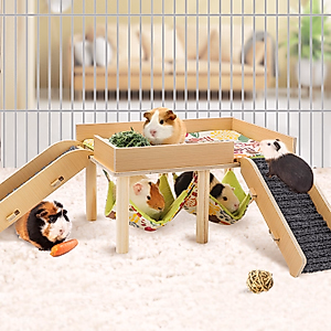 MEWTOGO Guinea Pigs Hammock with Platform, Wooden Guinea Pig Hideout with Stairs, Safe and Durable Small Pet Bed for Piggies Chinchilla Rat Hamster Bunny (Double Hammocks)