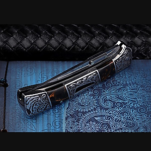 LANFED Pocket knife for Men, 3.5 inch Folding Knife with Back Lock, Engraved Unique Resin Handle, Cool Knives for Fishing, Hunting, Camping Gifts for Men