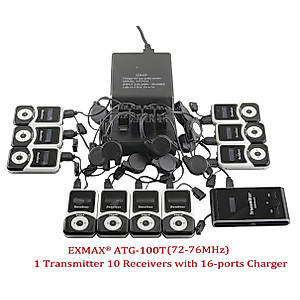 EXMAX® EX-100 Wireless Tour Guide System Microphone Earphone Assisted Listening for Church Translation Private Silent Conference Travel City Tour (1 Transmitter 10 Receivers 16-port USB Charging Base)