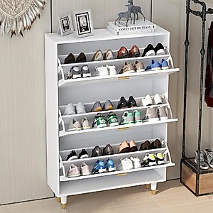 vinform Entryway Shoe Cabinet, Shoe Storage Cabinet with 3 Flip Drawers, Slim Shoe Cabinet for Hallway, Narrow Shoe Storage Cabinet, White Shoe Rack Storage Cabinet(W31.5 x D9.45 x H47.24)