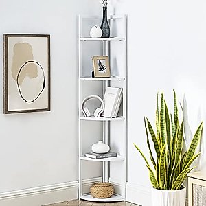 HMOREY 5-Tier Corner Shelf, Corner Bookshelf Small Bookcase Corner Storage Rack Plant Stand for Living Room, Home Office, Kitchen, Small Space (White-1)