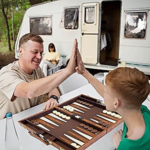 Sun Flair Backgammon Set - 15 Inch Backgammon Sets for Adults, Folding Classic Board Game with Premium Leather Case, Best Strategy and Tip Guide Enclosed (Brown, Medium)