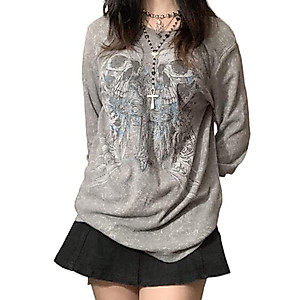 Y2K Long Sleeve Tops for Women Fairy Grunge Graphic Print Top Vintage Crop Top Tee(M-Grey,S)