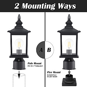 PARTPHONER Dusk to Dawn Outdoor Post Lights with Pier Mount Base, Waterproof Outside Pole Lantern Light Fixture, Exterior Lamp Post Lantern Head with Clear Glass Panels for Garden Patio, 2 Pack