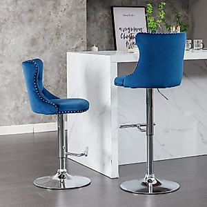 ODUSE-DAILY Velvet Swivel Bar Stools Set of 2, 25-33 Inch Height Adjustable, Counter Height Bar Stools with Back, Bar Chairs for Counter Height Bar Height Kitchen Island (Chrome, 2 Blue)