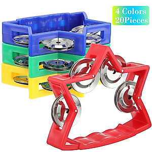 20 Pack Plastic Percussion Tambourine for Kids Noise Makers Tambourine Handheld Tambourines Musical Percussion Instrument with Jingle Bells for Kids Adults, 4 Colors