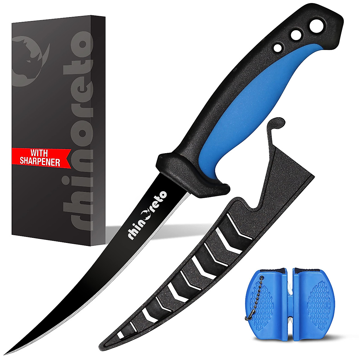 Rhinoreto Fish Fillet Knife, Sharp German Stainless Steel Blade. Fishing Knife Set with Sheath and Sharpening tool. 5"-9" knives for filleting. Filet Knife for Fish and Boning Knife for Meat Cutting