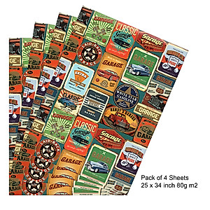 arkamii premium wrapping paper set of 4 sheets size 34 x 25 inch garage cars man (18-9226)