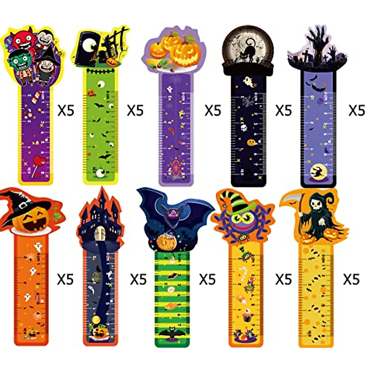 50 Pcs Halloween Bookmarks, Halloween Bookmark Ruler Pumpkins Ghost Skulls for Trick or Treat Prizes, Halloween Party Décor, Classroom Rewards, 10 Designs