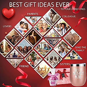 KAIRA This is Probably Wine Tumbler 12 Oz with Lid and Straw Funny,Birthday Gifts Set for Women Best Friends,Idea for Women,Stainless Steel Insulated Cup with Saying,with Gift Box Socks Greeting Card