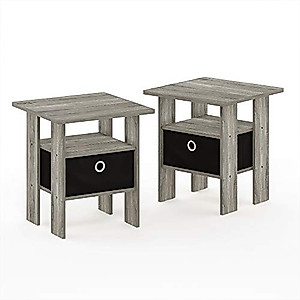 Furinno Andrey Set of 2 End Table / Side Table / Night Stand / Bedside Table with Bin Drawer, French Oak Grey