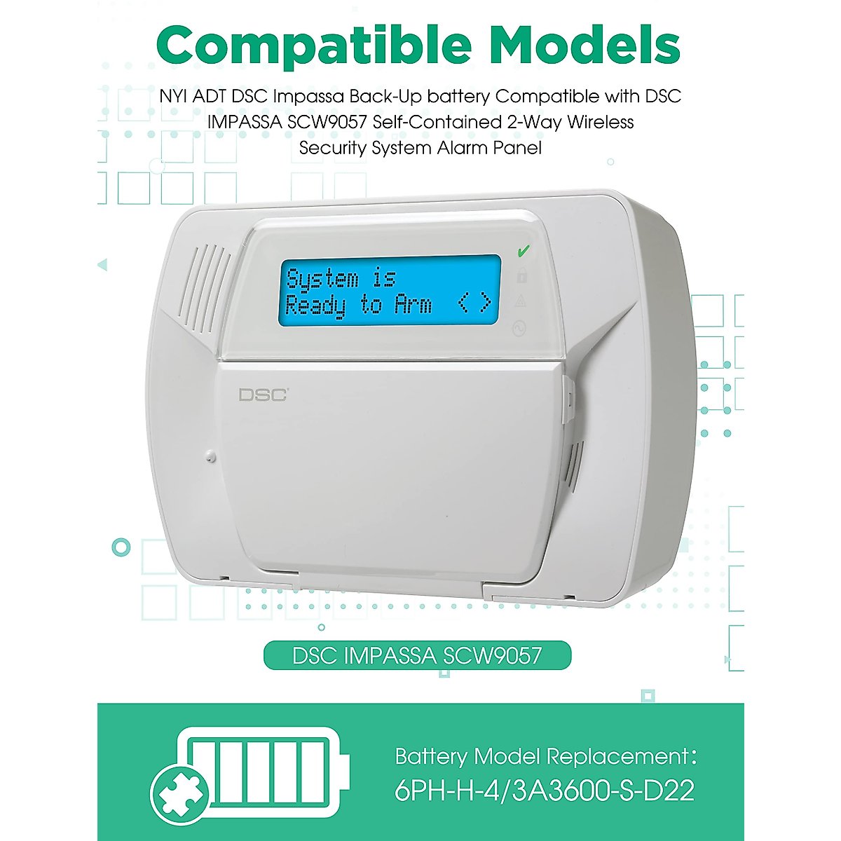 NYI Upgraded 3700mAh Battery Compatible with DSC IMPASSA 9057 2-Way Wireless Security System Alarm Panel, 6PH-H-4/3A3600-S-D22 Replacement, 7.2V Rechargeable Ni-MH Battery Pack for ADT Control Panel