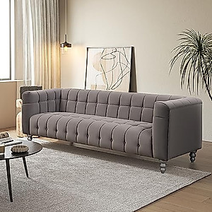 Melpomene Upholstered 89" Velvet Button Tufted 3 Seater Sofa with Solid Wood Legs,Luxury Chesterfield Sofa with Square Arms, for Livingroom, Office, Apartment(Grey)