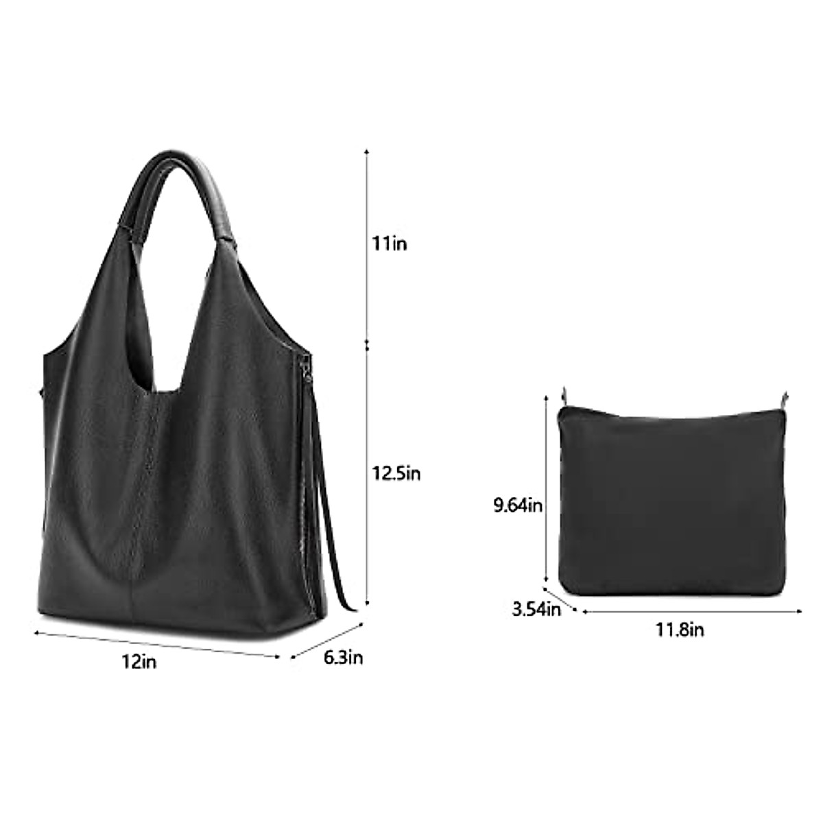 Women genuine leather hobo handbag: large capacity shopping bag tote shoulder purse black