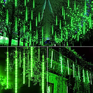 Blingstar Halloween Lights Solar Christmas Lights 16Inch 10Tubes 360LED Meteor Lights Outdoor Waterproof Falling Rain Lights Halloween Decoration Lights for Tree Fence House Patio Party, Green