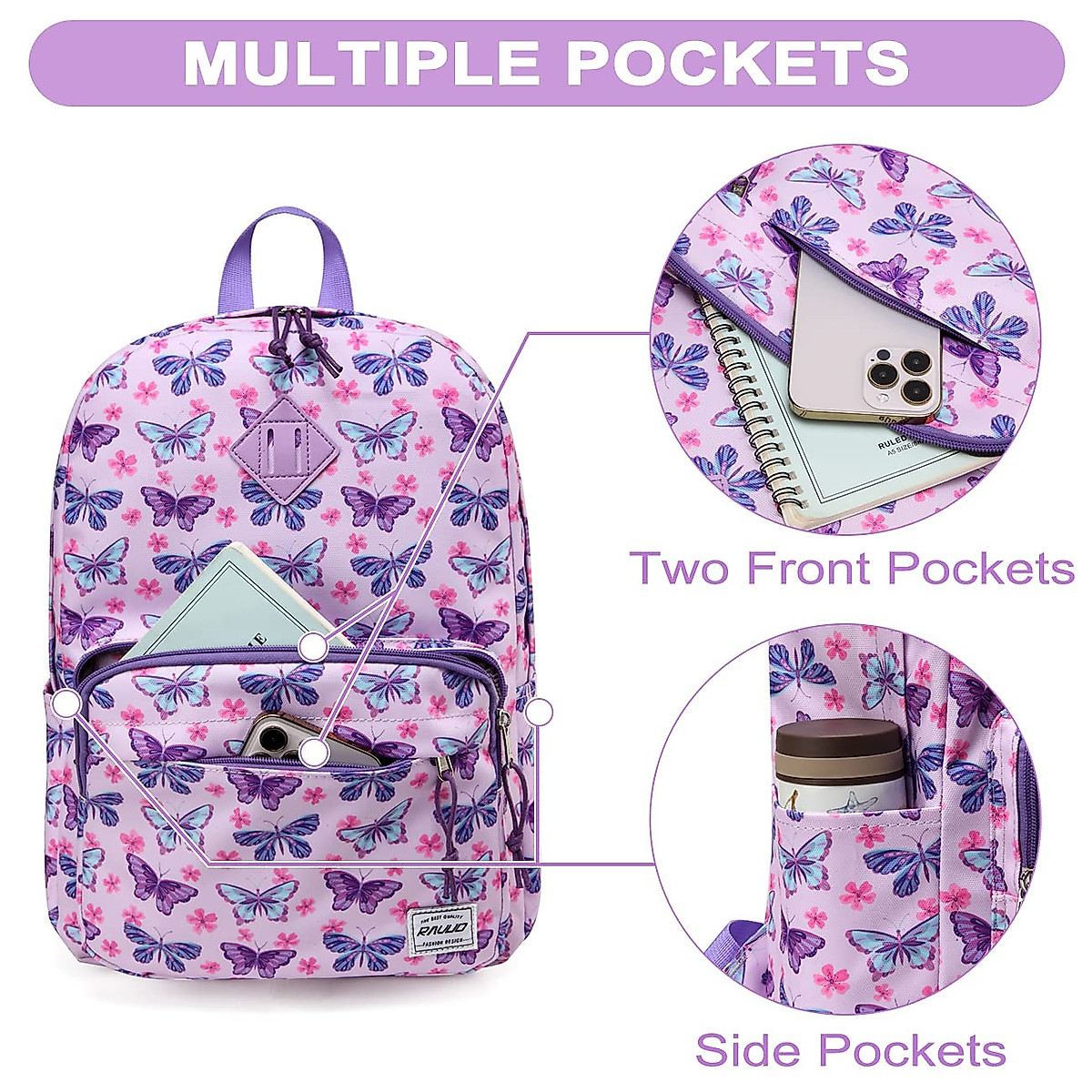 RAVUO Lightweight Butterfly School Backpack Bookbag and Lunch Bag Box Lunchbox Set for Girls
