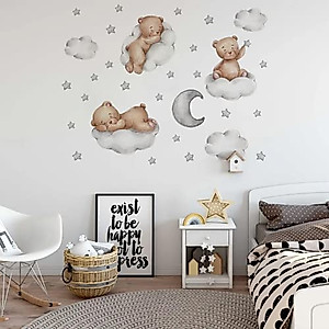 Tedy Bear Wall Decor, Tedy Bear Sleeping on The Moon and Stars Wall Stickers Cartoon Cute Tedy Bear Decals Extra Stars Wall Decor for Kids Baby Room Interior Nursery Tedy Bear Decoration