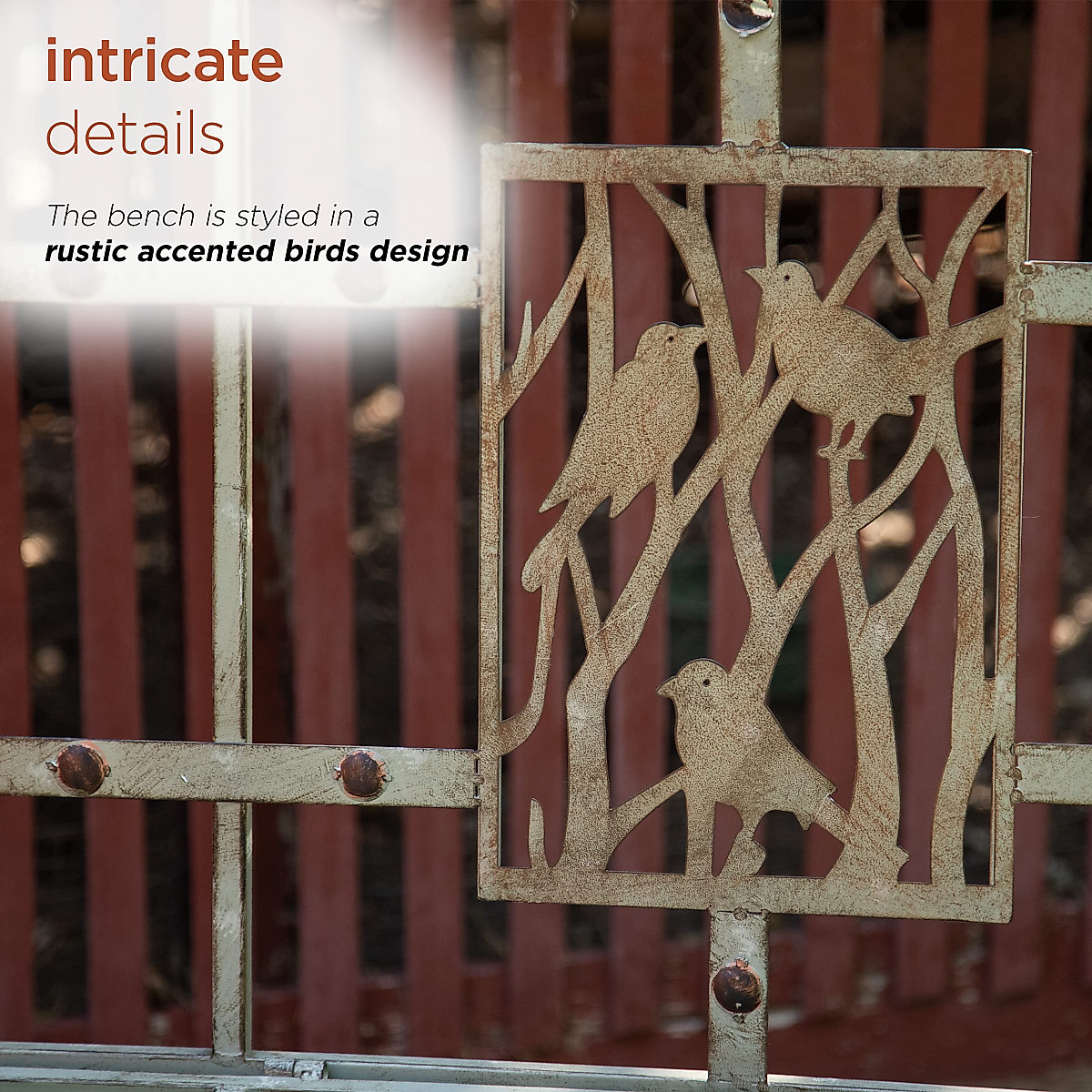 Alpine Corporation 45" x 22" Outdoor 2 Person Metal Garden Bench with Bird Design, White