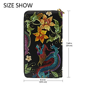 Embroidery Asian Dragons Yellow Flowers Chinese Dragons on Dark Leather Long Wallet Organizer with Zipper Purse Clutch Bag for Women Men