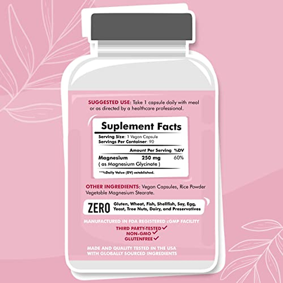 Magnesium Glycinate for Women, Elemental 250mg Per One Capsule, 90 Capsule, 90 Day Supply, Magnesium Glycinate Chelate, Magnesium Glycinate Capsule, Magnesium Supplement, Chelated for Max Absorption