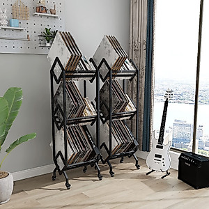 Simoretus 3 Tier Vinyl Record Storage Rack, Mobile Black Metal LP Storage Display Stand with Casters, Large Capacity Record Holder for Albums, Books, Magazines, and Office Files