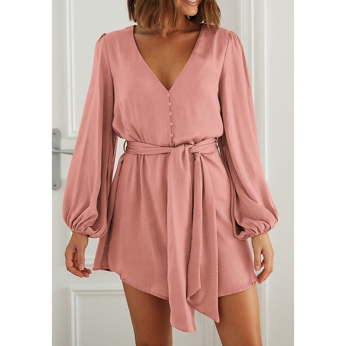 PRETTYGARDEN Women's Spring Long Puff Sleeve Satin Dress V Neck Cocktail Party Belted Short Formal Dresses (Dusty Pink,Medium)