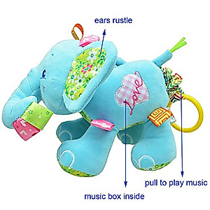 V Convey Music Bed Time Wind Up Musical Stuffed Animal Elephant Stuffed Toys Kids Toddler Plush Baby Infant Strollers Crib Bedding Toys (Blue)