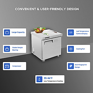 GAOMON Refrigerator Sandwich, 28" Sandwich & Salad Prep Table Commercial 7.42 Cu. Ft Stainless Steel Refrigerated Food Prep Station, Cut Board, 1 Door Worktop Fridge with lock for Restaurant
