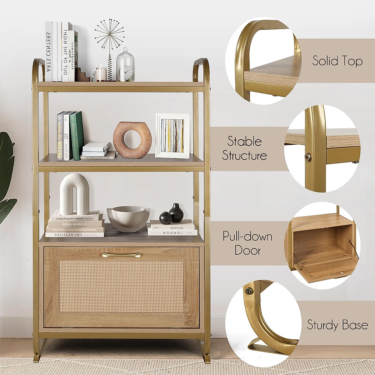 Oakrain Storage Cabinet, Kitchen Storage Cabinet with Door and Shelves, Farmhouse Rattan Cabinet Freestanding Storage Shelves for Kitchen, Bathroom, Home, Living Room