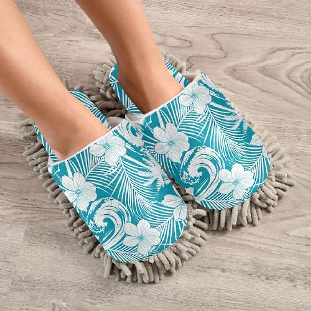 FLildon Microfiber Cleaning Slippers Beach Palm Hibiscus Washable Mop Shoes Slipper for Men/Women House Floor Dust Cleaner, Size M