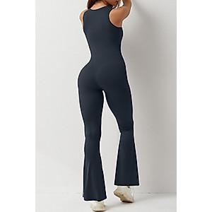 QINSEN Woman's Stretch Square Neck Long Pants Jumpsuit Slimming Fit Curvy Flare One Piece Outfits Romper Grey Navy M