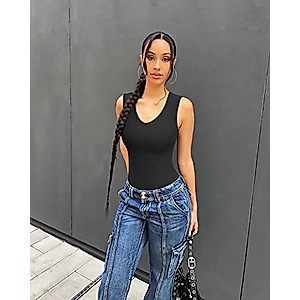 OQQ Women's 3 Piece Bodysuits Sexy Ribbed V Neck Sleeveless Tank Tops Bodysuits Black Tea leaf White