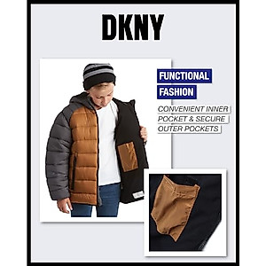 DKNY Boys' Winter Jacket - Midweight Polar Fleece Lined Quilted Insulated Parka Puffer Down Coat with Beanie Hat (Sizes:8-20), Size 10-12, Timber Tan/Charcoal