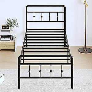 DiaOutro Classic Metal Platform Twin Bed Frames with Headboard and Footboard, 16 Inch No Box Spring Needed Heavy Duty Victorian Style Iron-Art Mattress Foundation/Under Bed Storage