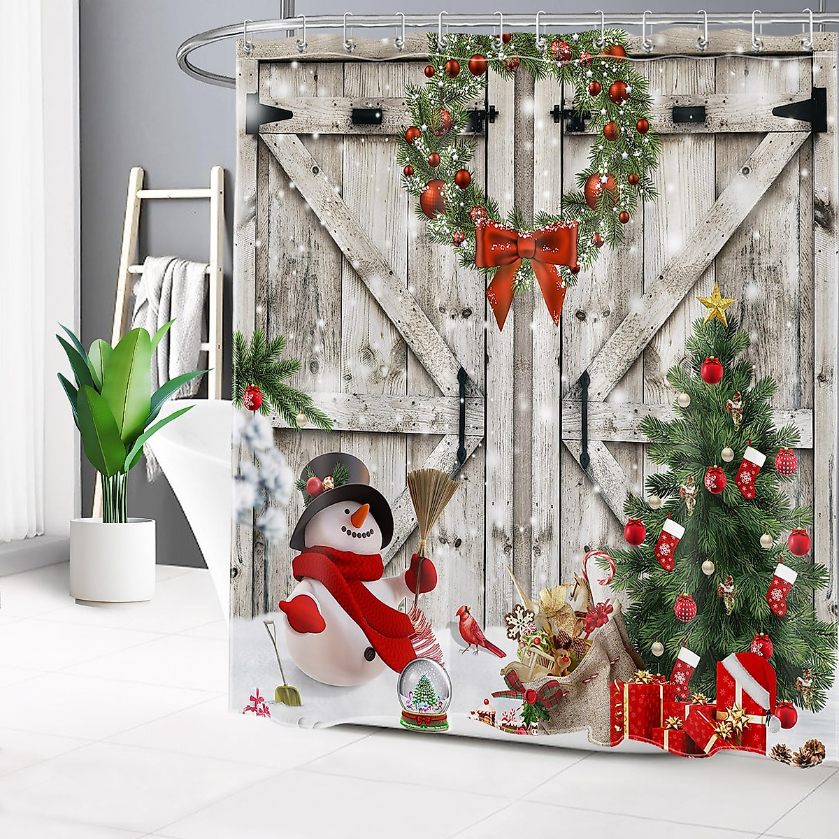 MEUNEAR Farmhouse Christmas Shower Curtain Set Snowman and Pine Tree with Red Xmas Ball Cardinals on Barn Door Shower Curtain for Bathroom, Winter Snowflake Shower Curtain with Hooks, 72L X 72W inches