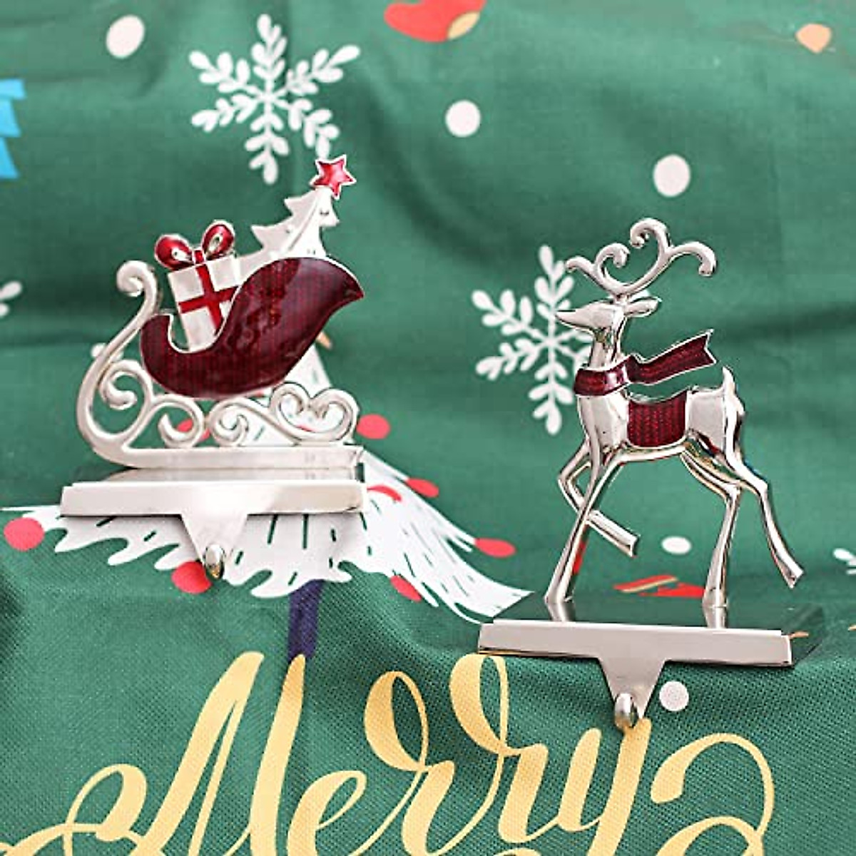 Christmas Stocking Holders for Mantle Set,Silver Christmas Stocking Hangers for Fireplace ,Deer and Sleigh Mantel Hanger Hooks for Stocking Hanging Ornament Firepiece Xmas Decor (Reindeer and Sleigh)