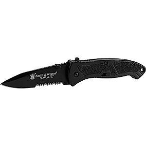 Smith & Wesson Large S.W.A.T. SWATLBS 8.5in S.S. Assisted Opening Knife with 3.7in Serrated Drop Point Blade and Aluminum Handle for Tactical, Survival and EDC, One Size, Black