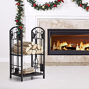 DAWNSPACES Firewood Rack with Fireplace Tools, 30 Inch 2-Tier Outdoor Log Rack Wood Holder Storage, Patio Log Stand, Heavy Duty Log Storage Bin Indoor for Fireplace with Leaves Pattern, Black
