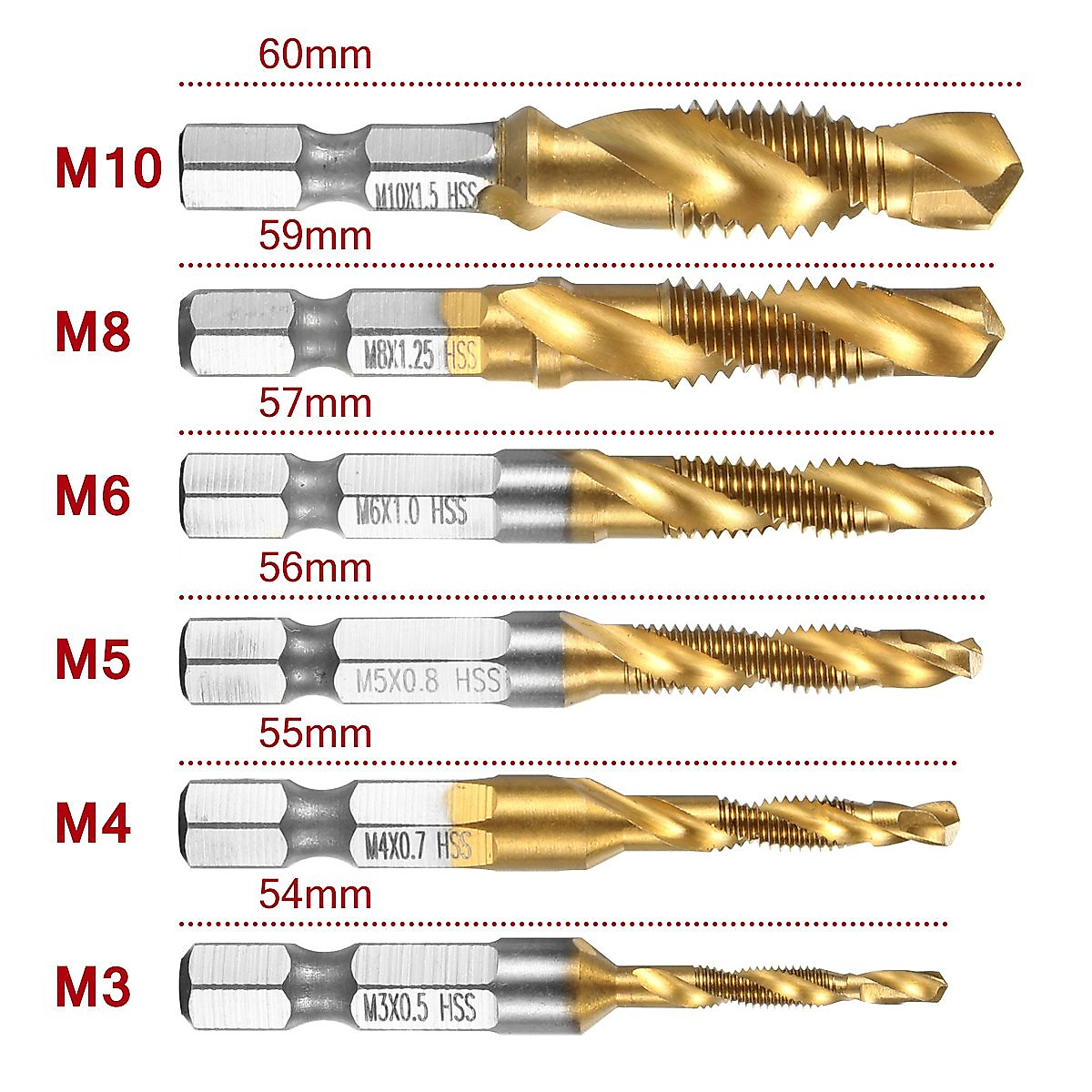6 Pcs Spiral Tap Drill Bit Set Titanium Coated HSS Fluted Machine Screw Tap Kit, Hex Shank Combination Drill Tap Bit Spiral Screw Tap Set M3-M10, (1 Pack 6 Pcs Silver)