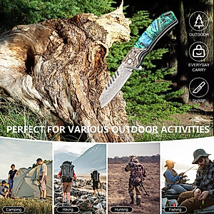 otrlenur Damascus Pocket Knife with Unique Abalone Shell Handle,Handmade Forged Damascus Steel Folding Knife, EDC Knife with Safety Liner Lock, for EDC Men Outdoor Collecting Gift