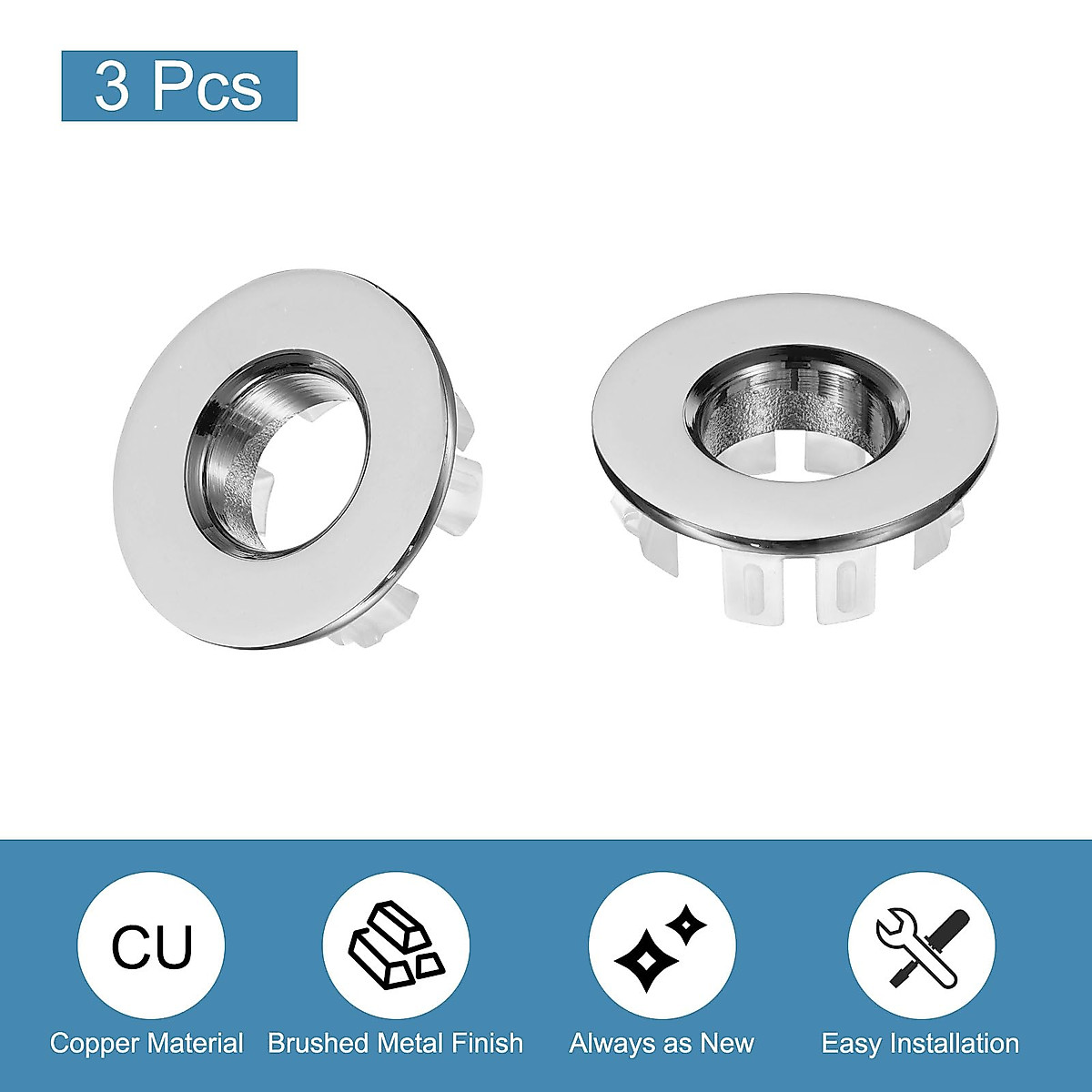 uxcell 3pcs Sink Overflow Rings, Bathroom Kitchen Basin Trim Bath Sink Hole Round Hollow Brass Overflow Drain Cover Insert in Hole (Silver Tone)