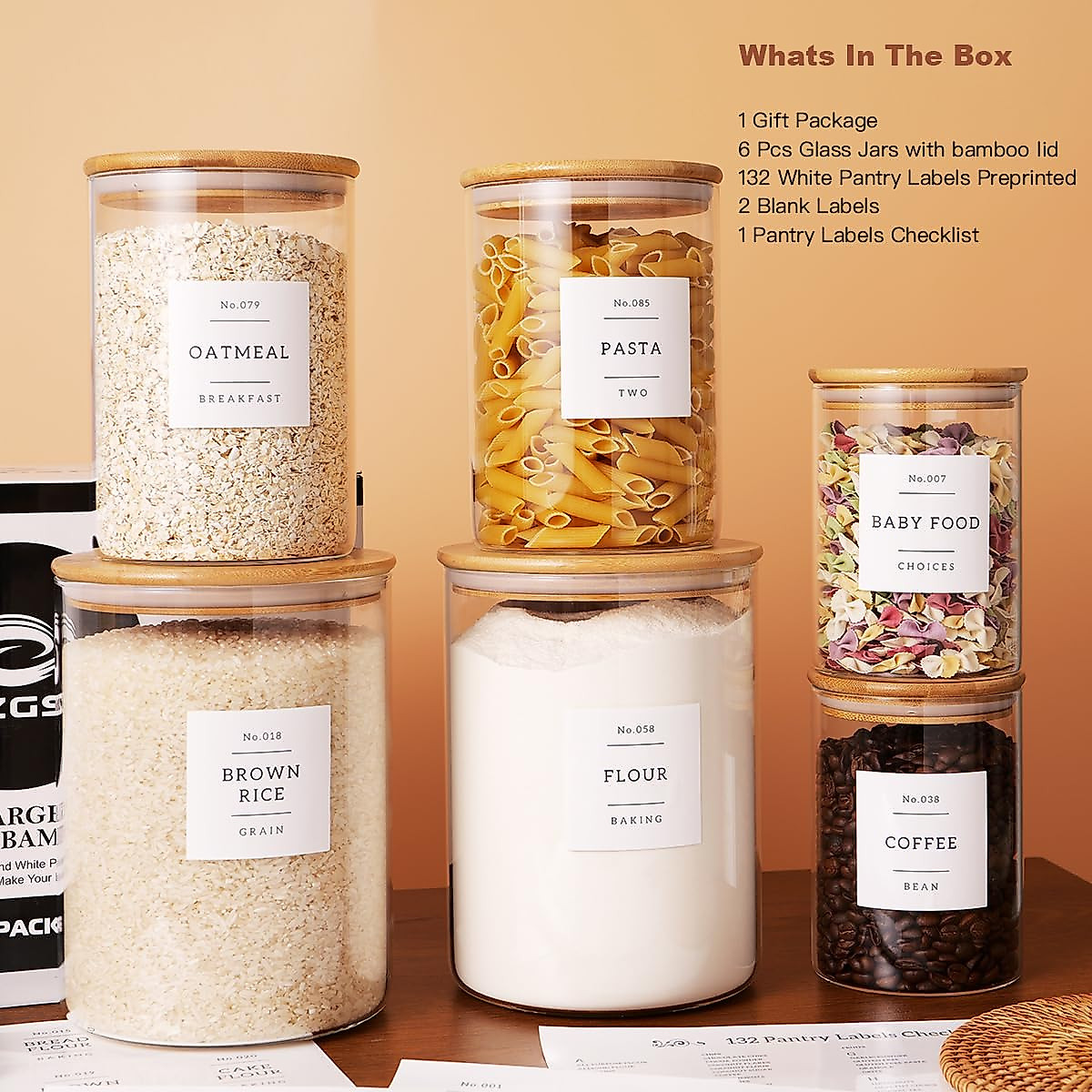 CZZGSM Set of 6 Glass Flour and Sugar jars with 132 Kitchen Pantry Labels - Thicken Large Glass Storage containers with Airtight Bamboo Lid - Glass Rice Canisters for Salt Coffee(100OZ/54OZ/27OZ)