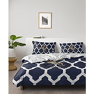Moroccan Textured Dinosaur on Bicycle Duvet Cover Sets 4 Piece Twin Ultra Soft Bed Quilt Cover Set for Kids/Teens/Women/Men,Modern Minimalism Navy Blue Back Bedding Collection All Season Use