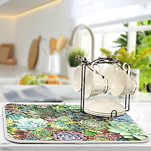 Dish Drying Mat For Counter Colorful Succulent Fast Draining 16 x 18 Inch Can Folded for Kitchen