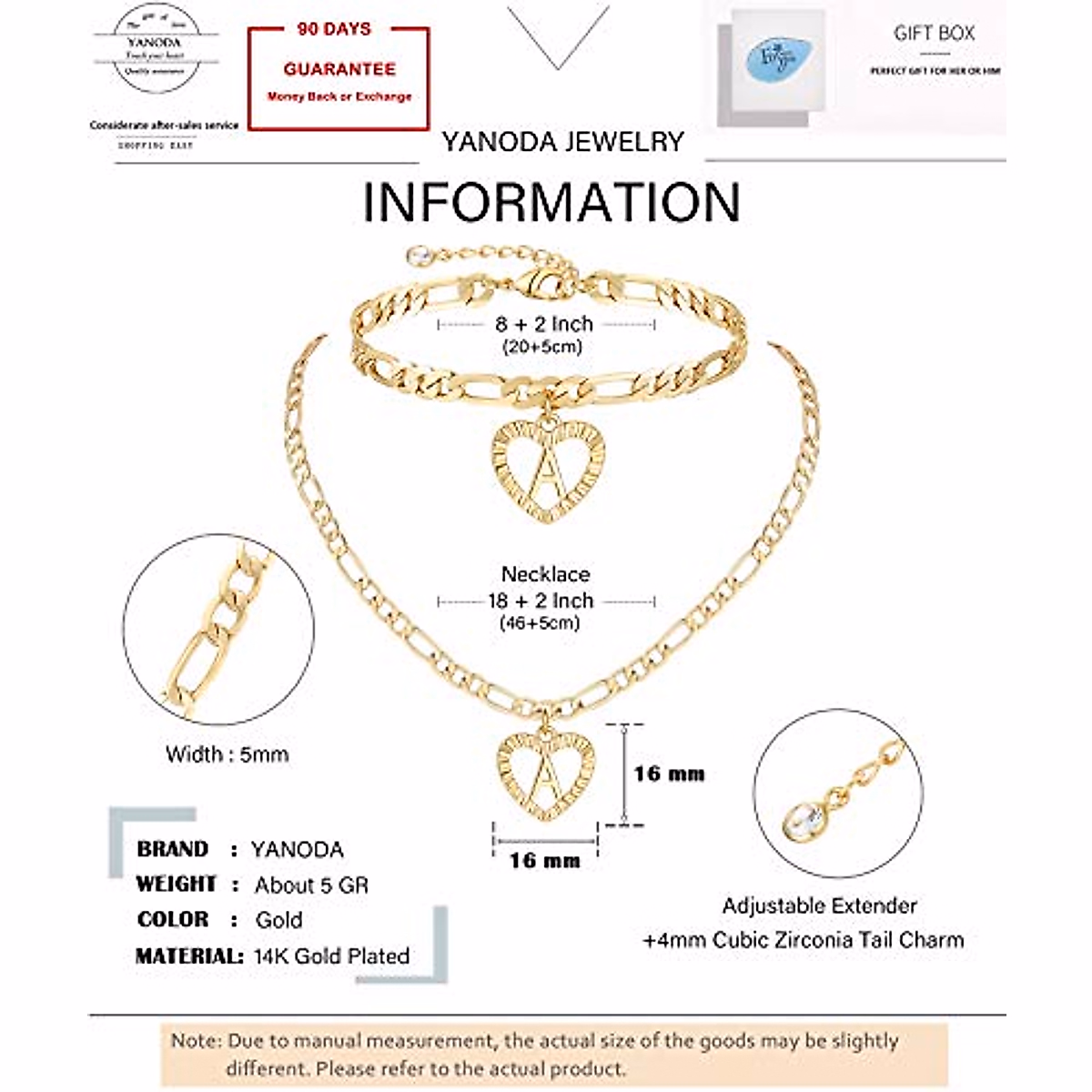 YANODA Gold Initial Pendant Necklace Anklet Bracelet for Women 14K Gold Plated Figaro Chain Letter Initial Heart Necklace Anklets Alphabet Foot Jewelry Personalized Jewelry for Women M