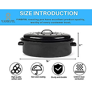16 Inch Roasting Pan with Lid - Covered Oval Roaster - Enamel Carbon Steel Roaster Pot - Excellent Heat Distribution and Non-sticky - for Turkey Chicken Meat & Vegetables -Birthday and Holiday gifts